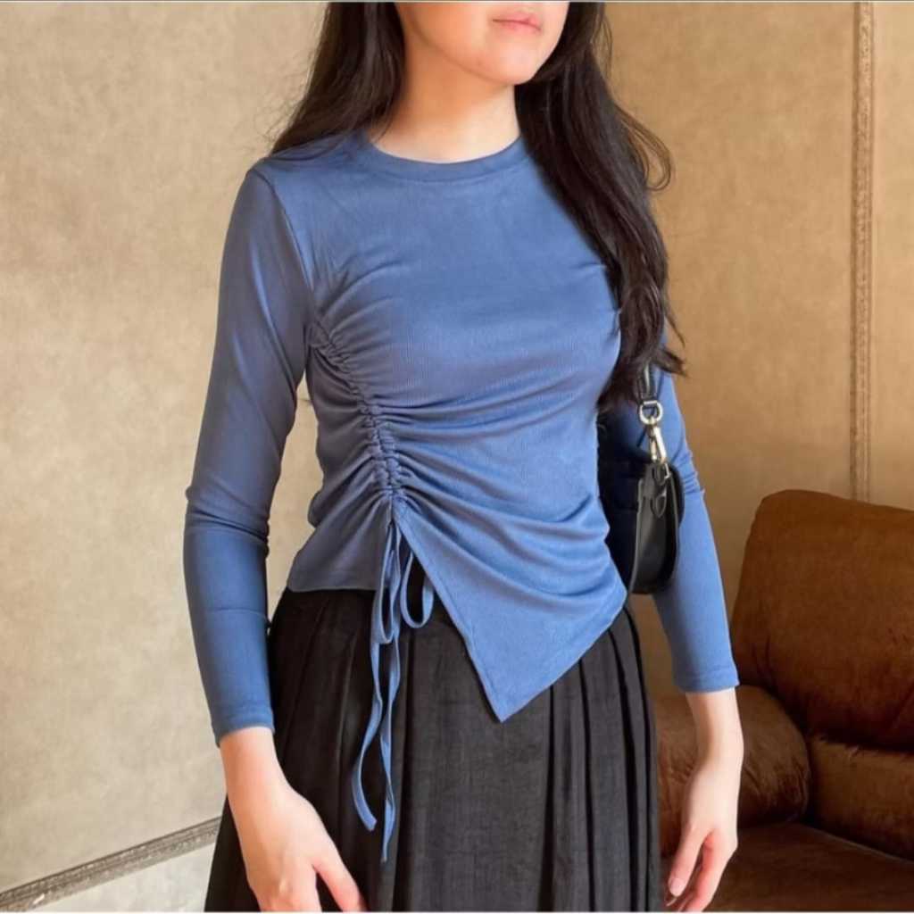 Jual Crop top serut lengan panjang kerut tali Atasan blouse knit rib ...