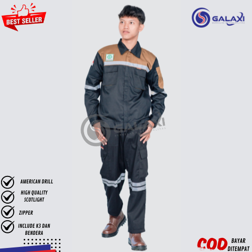 Jual SETELAN Baju Proyek warna Atasan HITAM KOMBINASI COKLAT/Celana ...