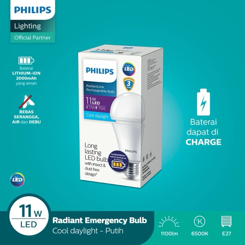 Jual Philips Lampu Radiantline Emergency LED Bulb 8W / 11W / 13W E27 6500K 230V Putih ...