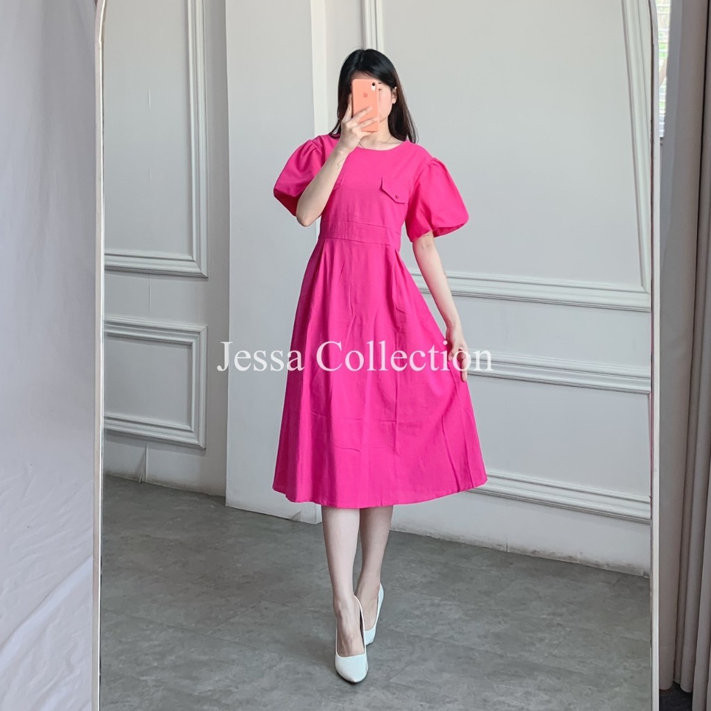 Jual Premium Glenda Dress TH 1017 LINEN CRINKLE Gaun Midi Wanita Lengan ...