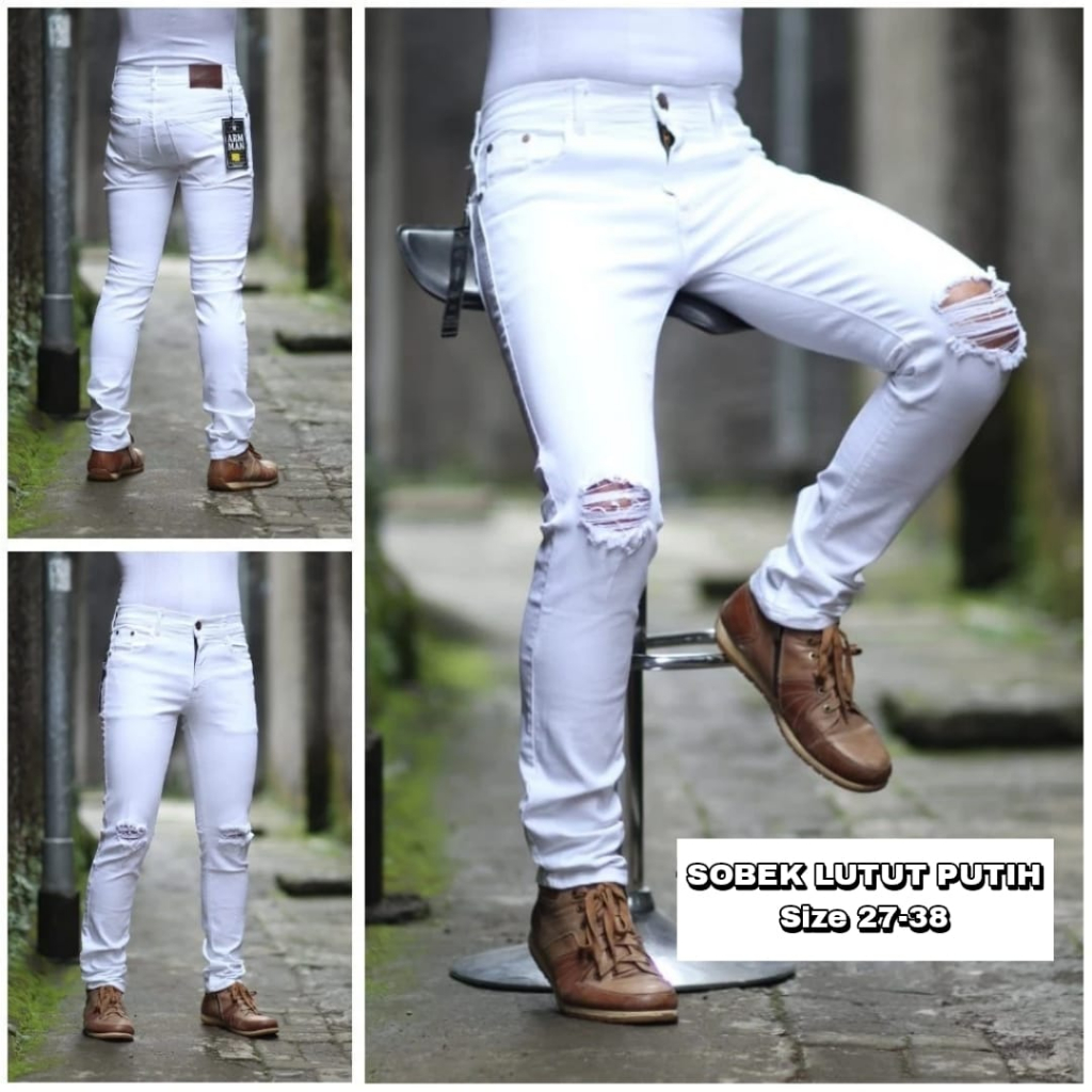 Jual CELANA JEANS DENIM PRIA PUTIH SOBEK LUTUT / JEANS PANJANG PUTIH ...