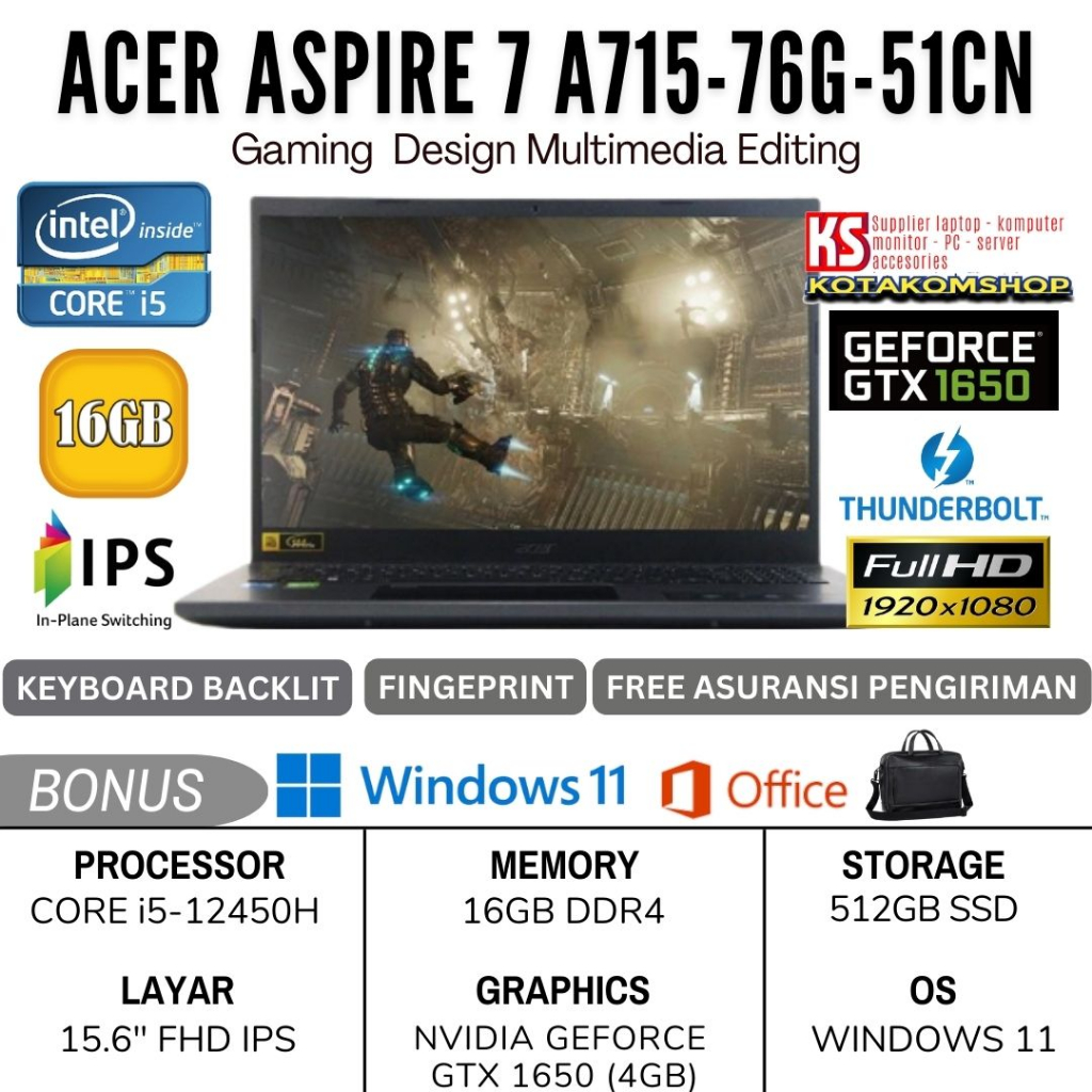 Jual LAPTOP GAMING ACER ASPIRE 7 A715-76G-51CN CORE I5-12450H RAM 16GB SSD 512GB GTX 1650 15.6 ...