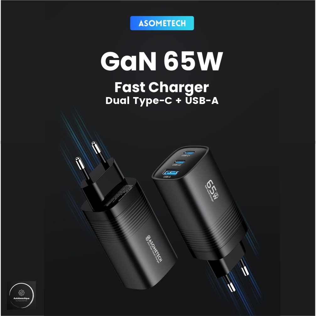 Jual ASOMETECH Kepala Charger 65W GaN Super Fast Charging 2.0 PD QC 3.0 Triple Port USB Type C ...