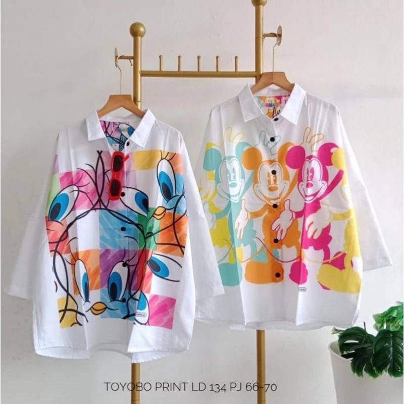Jual Kemeja wanita oversized toyobo print kartun mickey minnie sweety ...