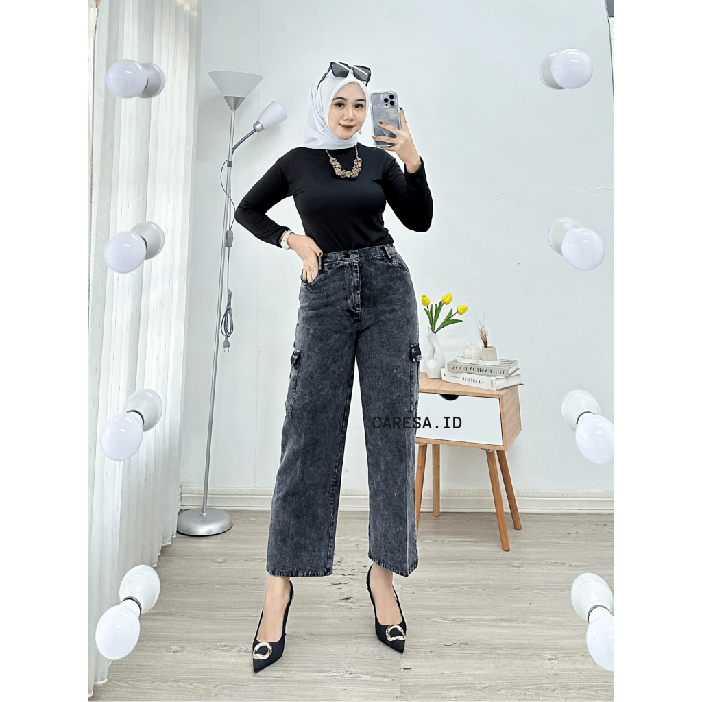 Jual Celana Wanita Kulot Cargo Hw Snow Hitam - Highwaist Kulot Pokka ...