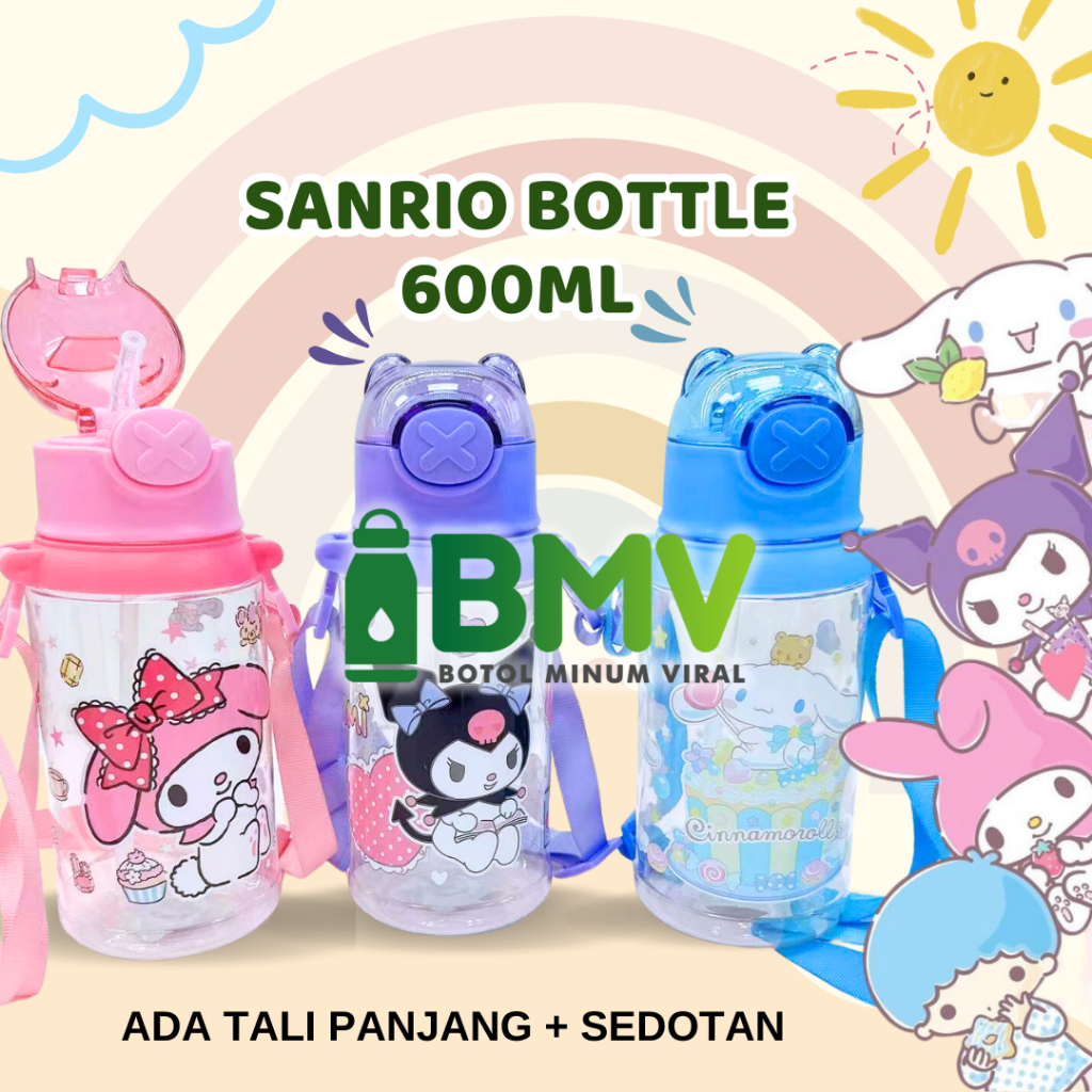 Jual Botol Sanrio Kuromi My Melody Cinnamoroll 600 ml Sedotan Tali ...