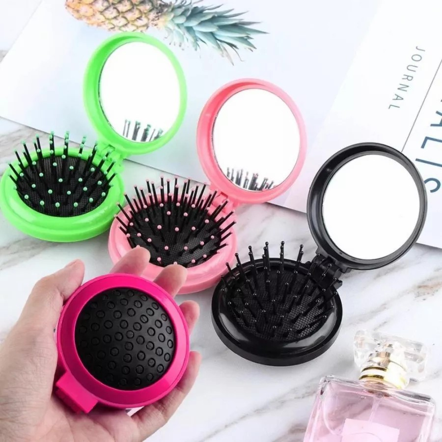 Jual Sisir Rambut Lipat + Cermin Bulat 2in1 - Hair Comb Polos Kaca 2 in ...