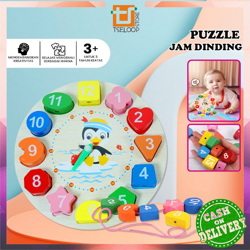 Jual OFM-M330 Mainan Edukasi Anak Puzzle Jam Kayu Motif Penguin Lucu ...