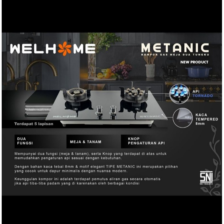 Jual WELHOME METANIC KOMPOR GAS KACA TUNGKU LIPAT MEJA & TANAM WM-2TKC ...