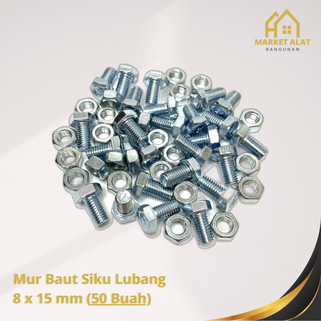Jual Mur + Baut Siku Lubang 8 x 15 mm 1,5cm Putih isi 50 Buah / Baud Rak Siku Lobang M8x15 (Per ...