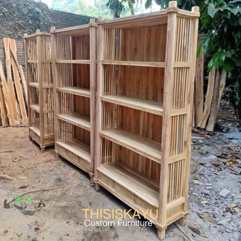 Jual RAK BUKU KAYU JATI MINIMALIS NATURAL KAYU JAPANDI JAPANESE STYLE | RAK BUKU KAYU KATI ASLI ...