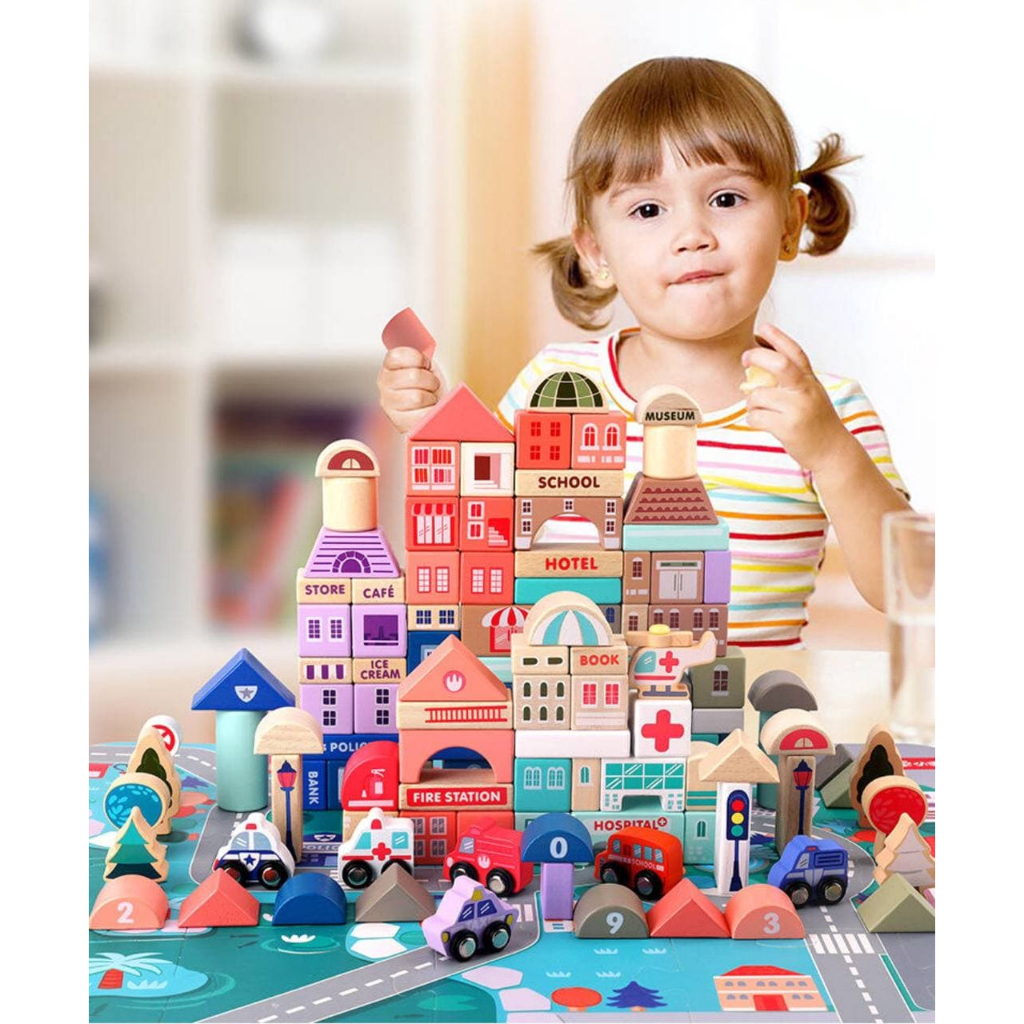 Jual City Building Blocks 115pcs Wooden CBB Wood Toys Mainan Kayu Balok ...