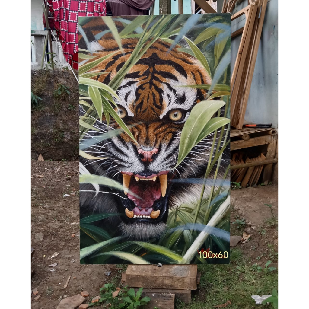 Jual lukisan super realis model harimau ukuran 100cm x 60cm sudah ...