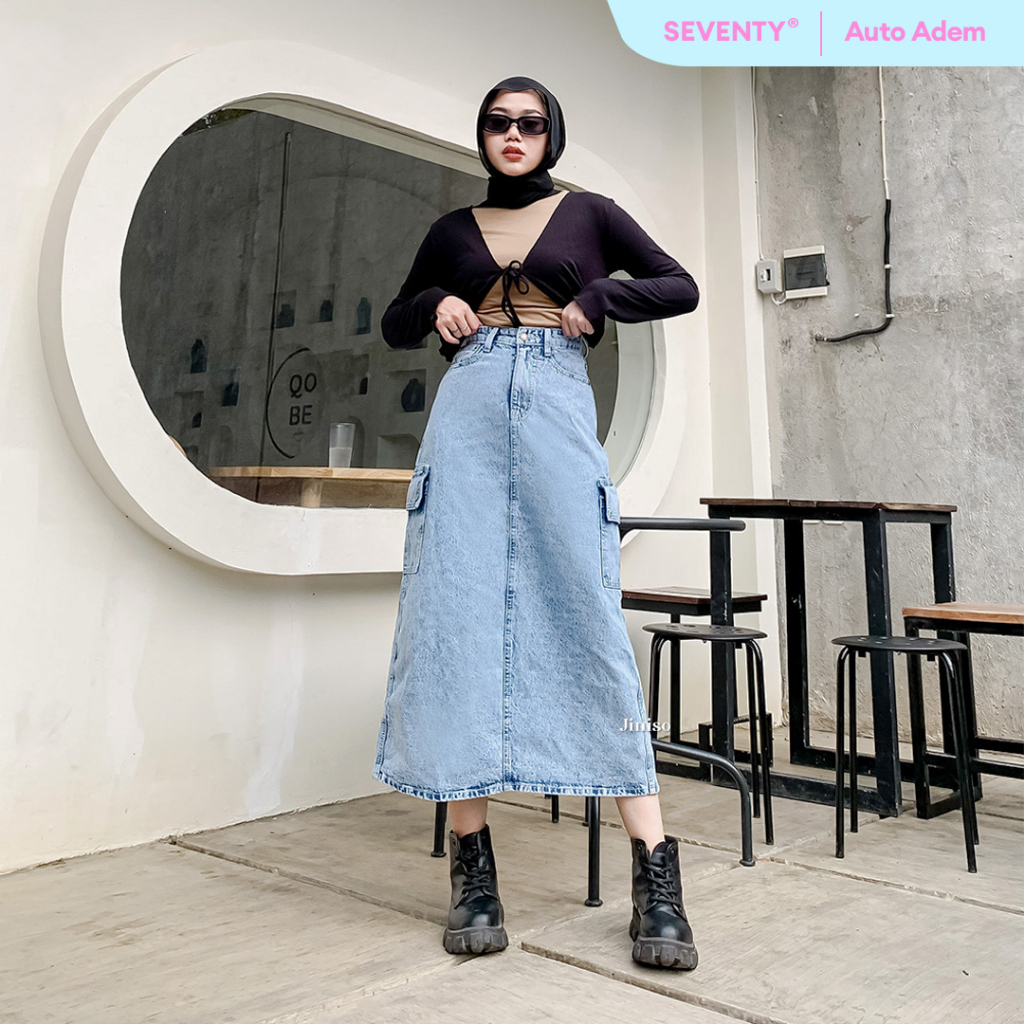 Jual JINISO - Highwaist Rok Cargo Jeans Panjang 983 - 993 SEVENTY ...