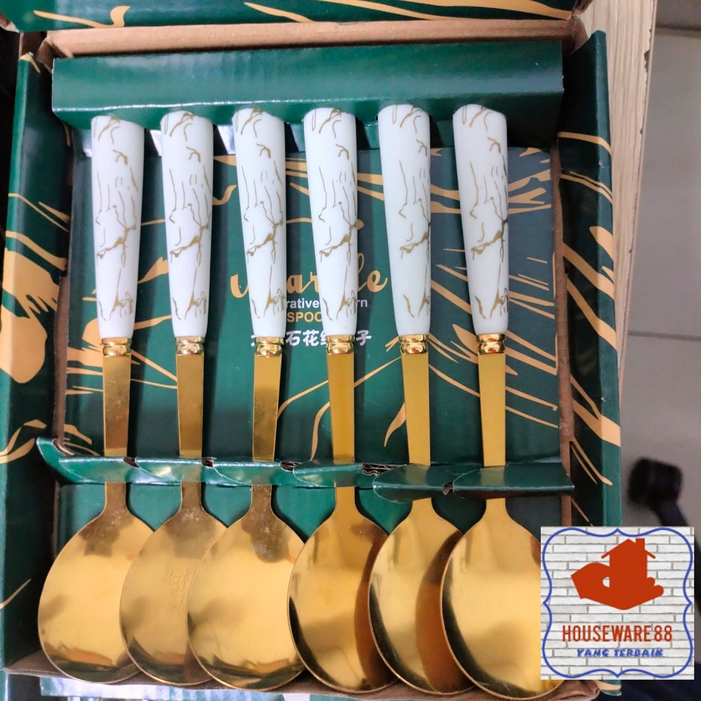 Jual Sendok Makan Set Isi 6 Sendok Sultan Gold Marble Tebal Rapi Golden ...