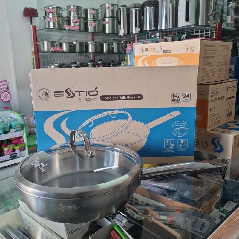 Jual 175102 Frying Pan 24cm W/Glass Lid Estio, Zebra, SUS 304, Thailand ...