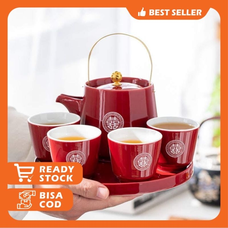 Jual Teaset Import Keramik Merah kilat, pegangan emas | Shopee Indonesia