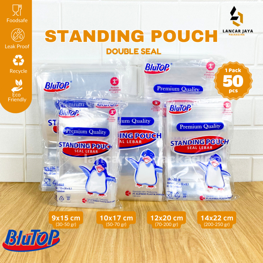 Jual [50 PCS] Standing Pouch BluTop Pinguin Double Seal Lebar Plastik ...