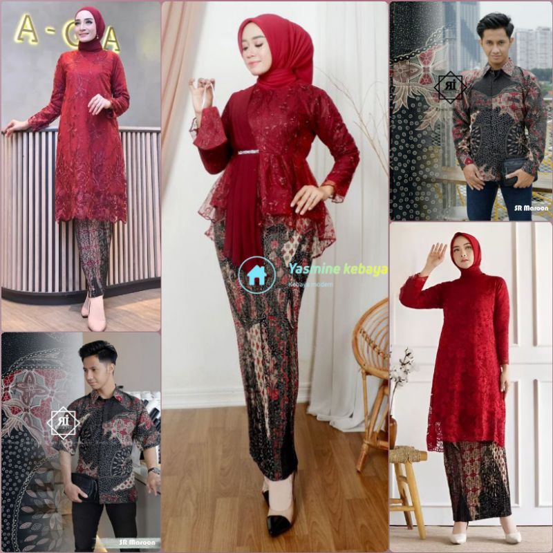 Jual Set Kebaya Couple Brokat Tille Maroon Kemeja Batik Pria Sr ...