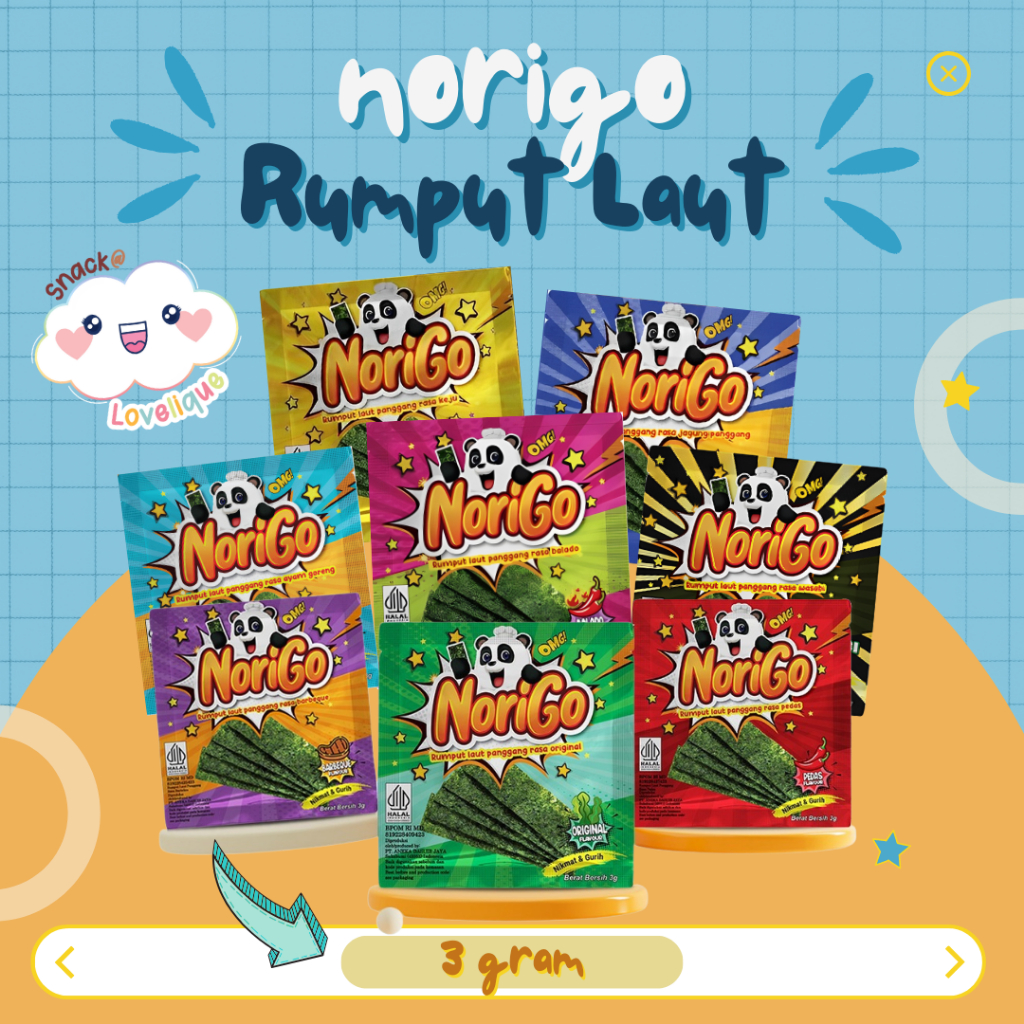 Jual Norigo Rumput Laut Sachet 3gr 1 BOX isi 12 pcs HALAL All Variant ...