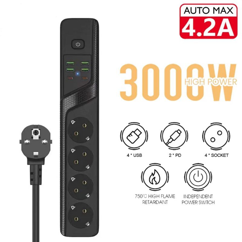 Jual 3000W EU Plug Power Strip AC Outlets Multitap Socket 2m Extension ...