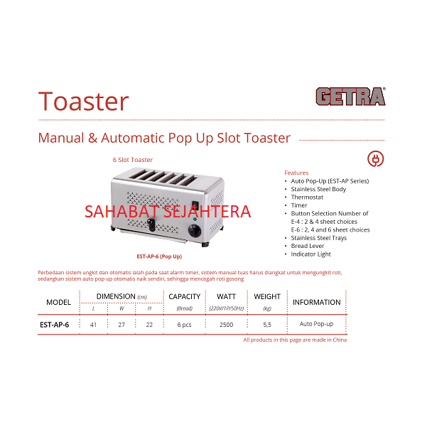 Jual GETRA Automatic Pop-up Slot Toaster EST-AP-6 Alat Pemanggang Roti ...