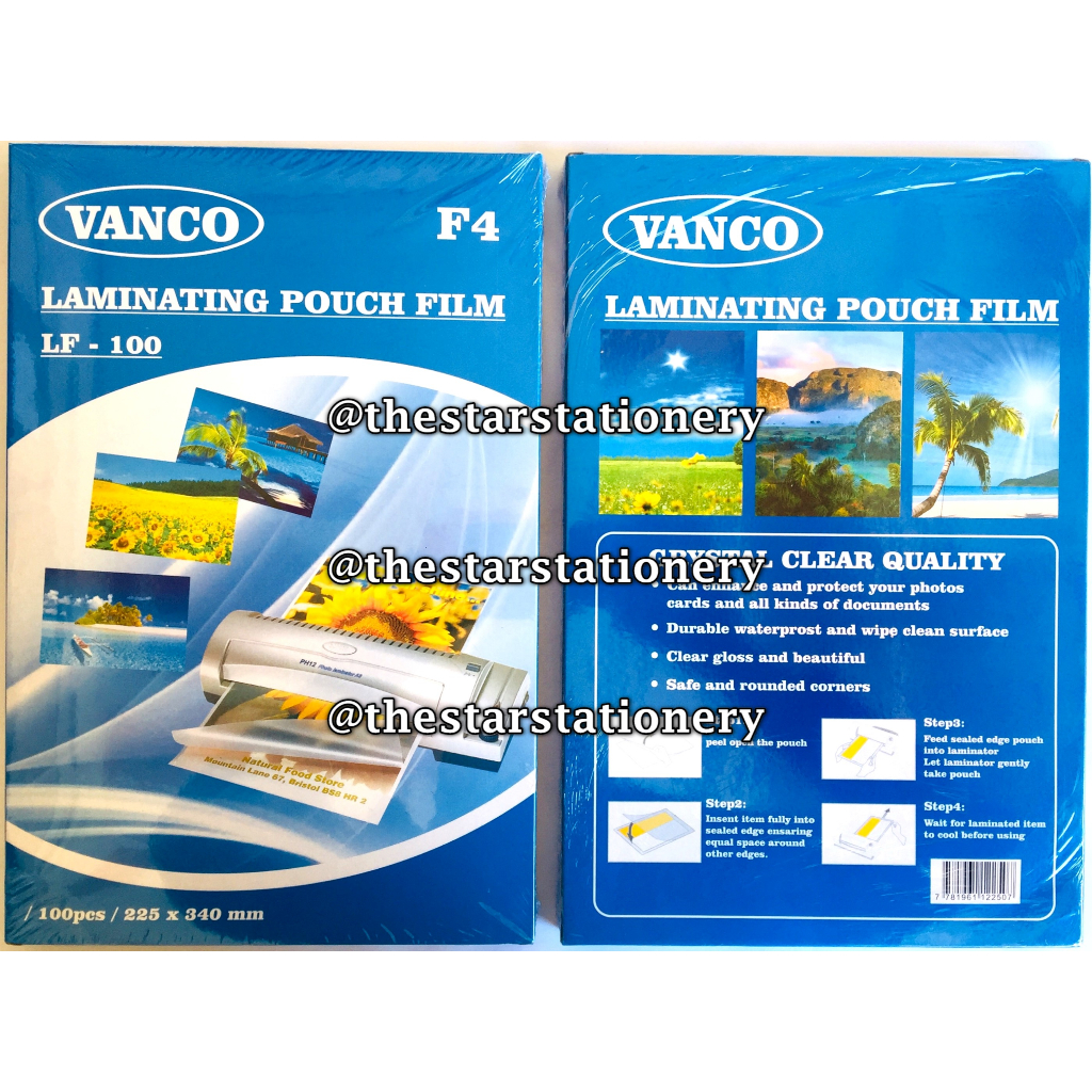 Jual (1 Pak Isi 100 Lembar) GROSIR Plastik Mika Laminating Film Vanco LF-100 Ukuran F4 225 mm x ...