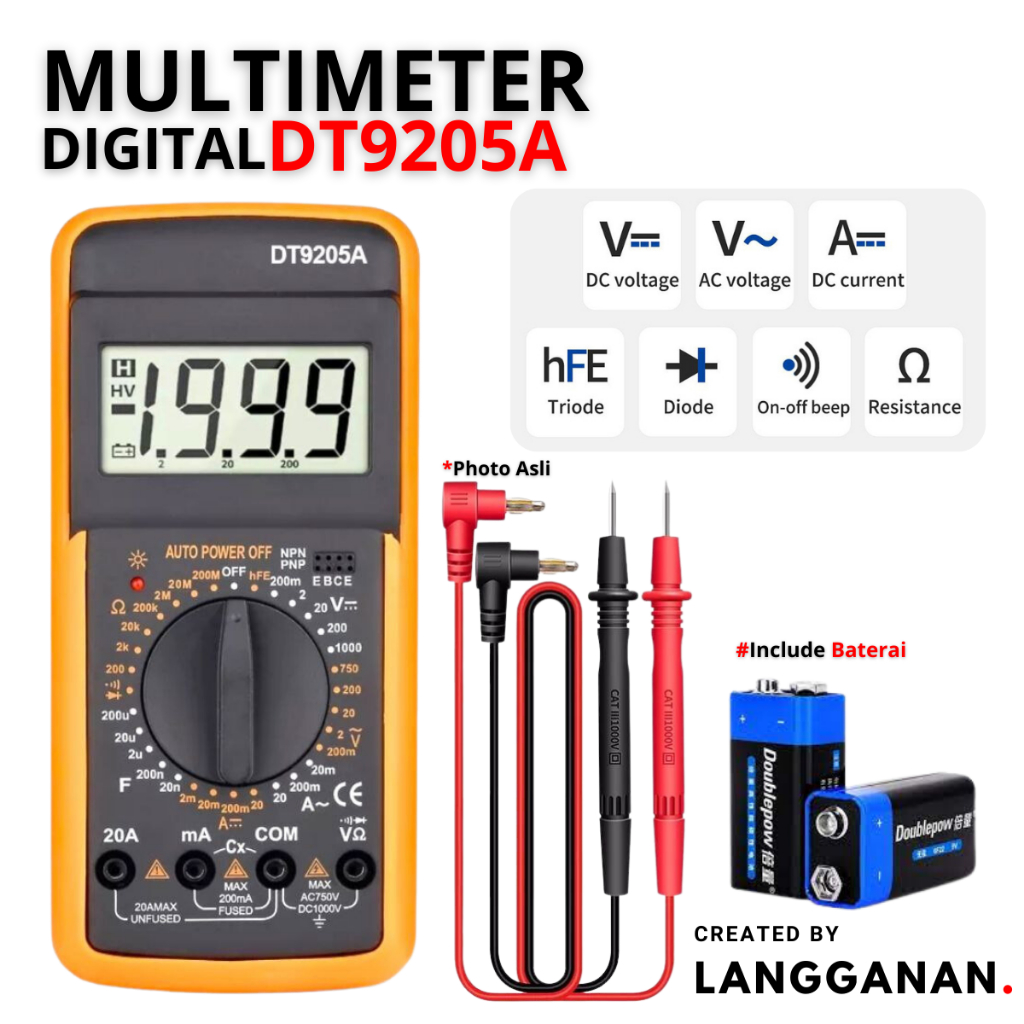 Jual Multimeter Multitester Digital DT9205A Alat Tes Tegangan Arus ...