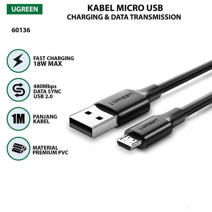Jual Ugreen Micro USB 2.0 Cable 2.4A Sync & Charge 1M (60136) | Shopee Indonesia