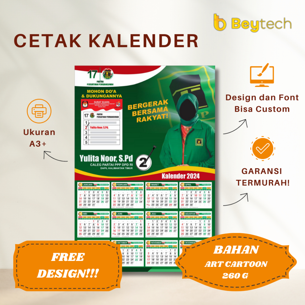 Jual Custom Cetak Kalender 2024 Caleg Partai/ Kalender Kampanye Ukuran ...