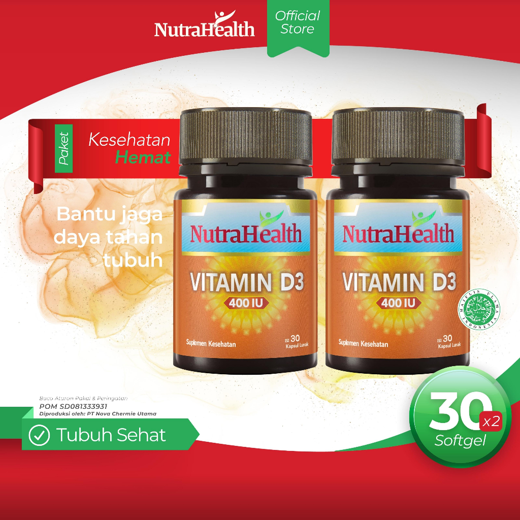 Jual Paket kesehatan Hemat NutraHealth Vitamin D3 400 IU - 2 Botol @isi 30's Bantu jaga daya ...