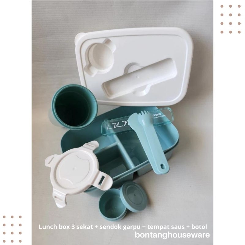 Jual H028A Lunch Box Set | Tempat Makan Set, Tempat Saus, Sendok & Botol Minum Anti Tumpah ...