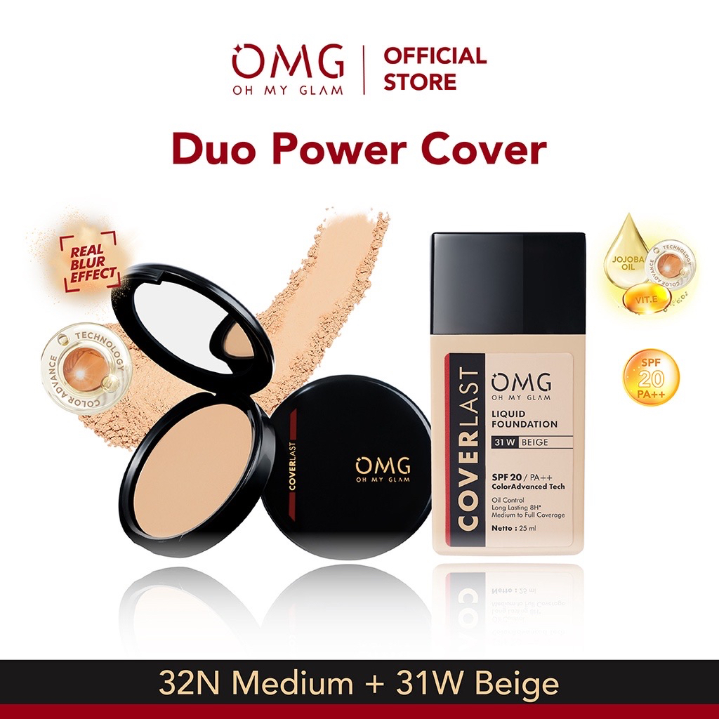 Jual OMG Oh My Glam Coverlast Liquid Foundation 31W + Two Way Cake 32N ...
