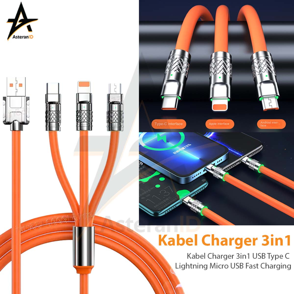 Jual Kabel Charger 3in1 Fast Charging Micro USB Lightning USB Type C | Shopee Indonesia