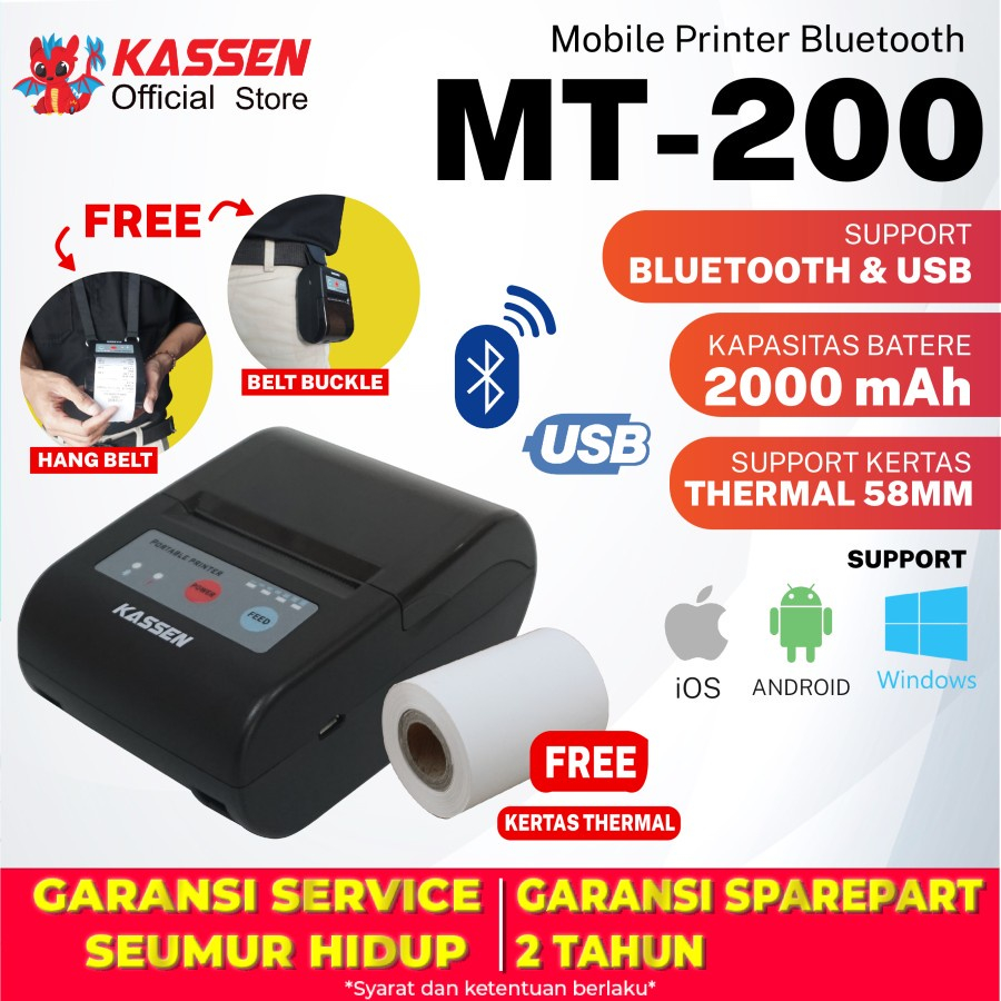Jual Printer Bluetooth Kasir Thermal 58mm KASSEN MT200 Mobile Printer | Shopee Indonesia