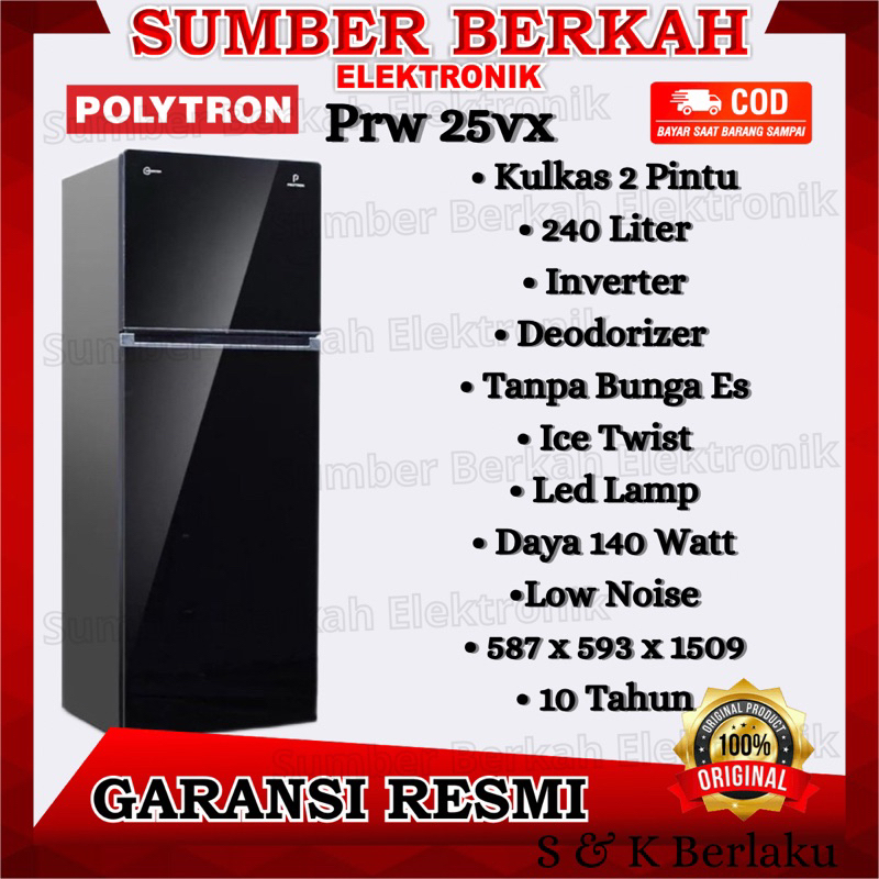 Jual Polytron Kulkas 2 Pintu 240 Liter inverter 25vx tanpa bunga es Prw 25 vx promo 140 watt ...