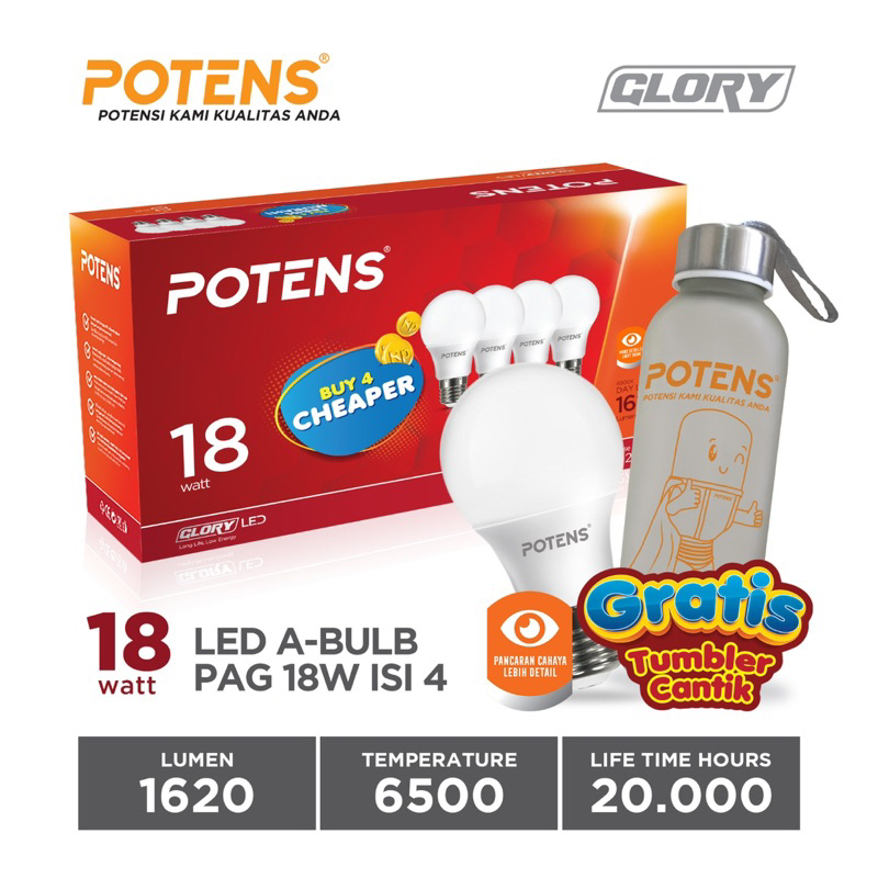 Jual Lampu led Potens cahaya putih PAG 18w Paket 4lampu plus 1 botol minum POTENS A BULB SERIES ...