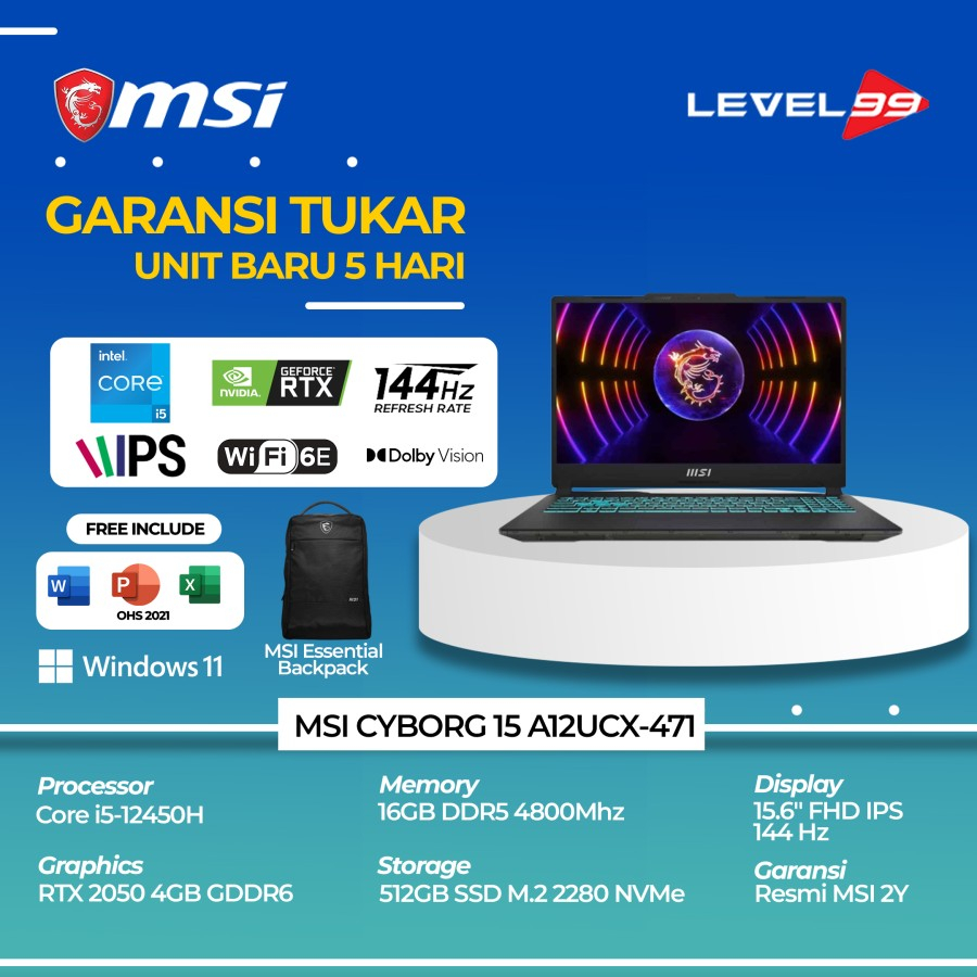 Jual Laptop Gaming Msi Cyborg 15 A12Ucx-471 I5-12450H 16Gb 512Gb ...