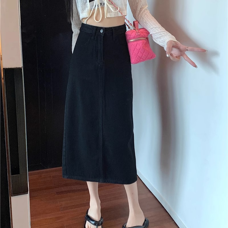 Jual Emily Rok-Hitam New Highwaist Rok midi A-line Denim Split | Shopee ...
