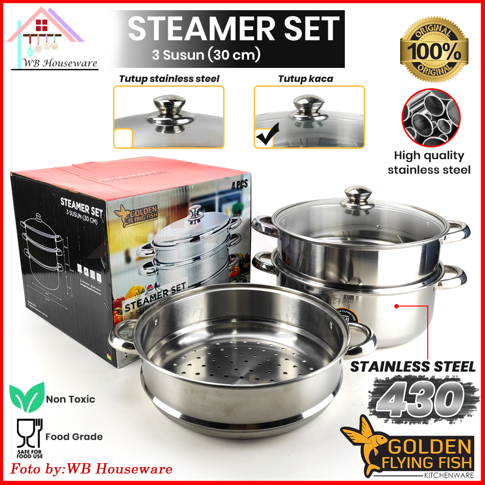 Jual GOLDEN FLYING FISH Steamer stainless 30cm susun 3 + tutup kaca ...