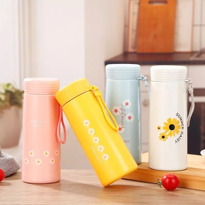 Jual BOTOL MINUM KACA DAISY 450ML TEMPAT MINUM MOTIF BUNGA TALI PAKAI ...