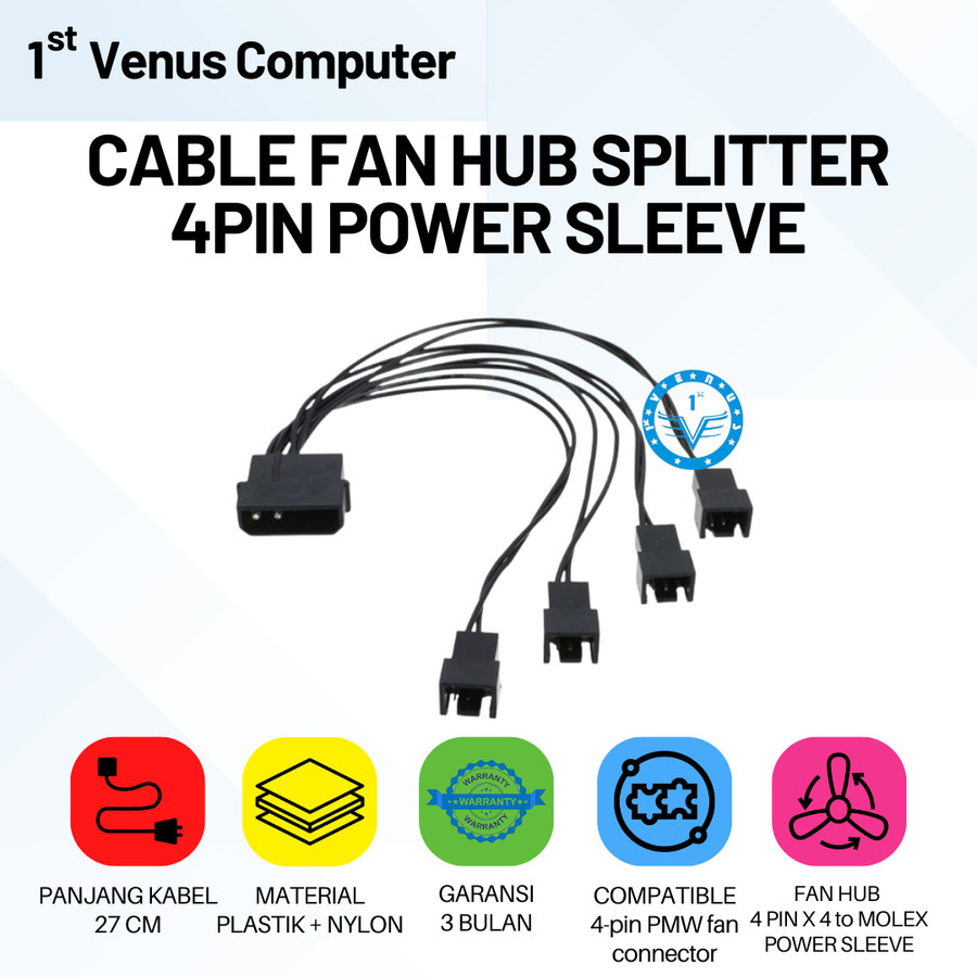 Jual CABLE FAN HUB SPLITTER 4 PIN x 4 TO MOLEX POWER SLEEVE / KABEL FAN ...