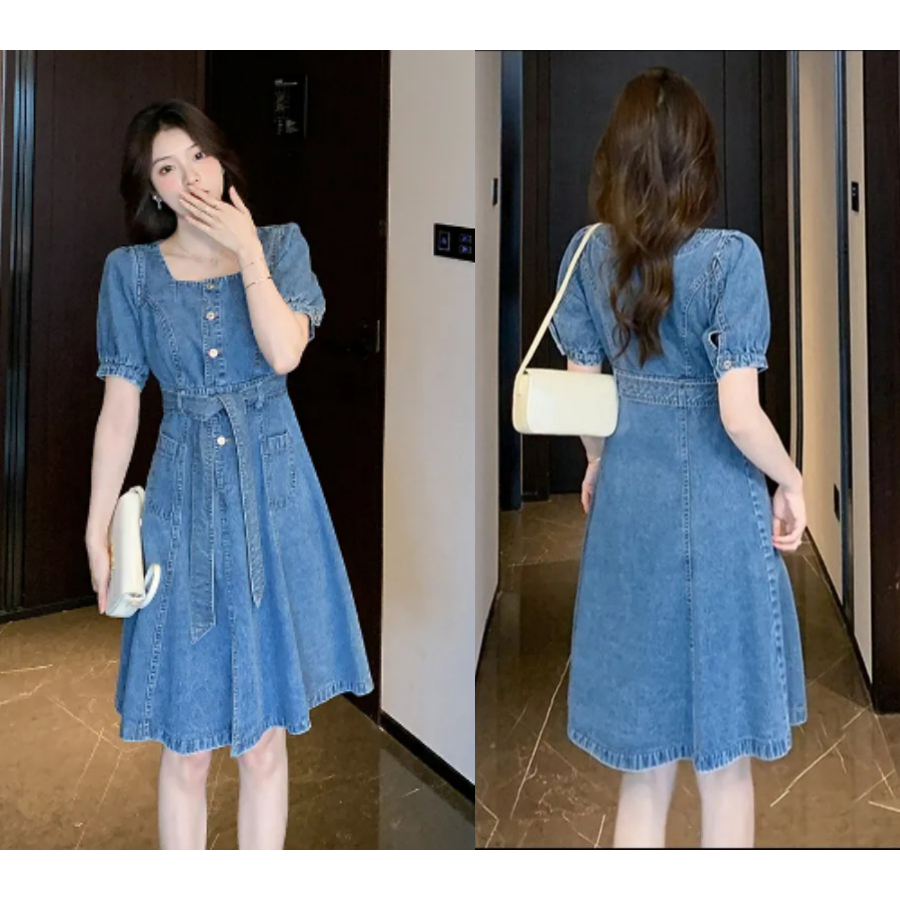 Jual Dress midi dress gaun casual wanita Denim Tali Pingang | Shopee ...
