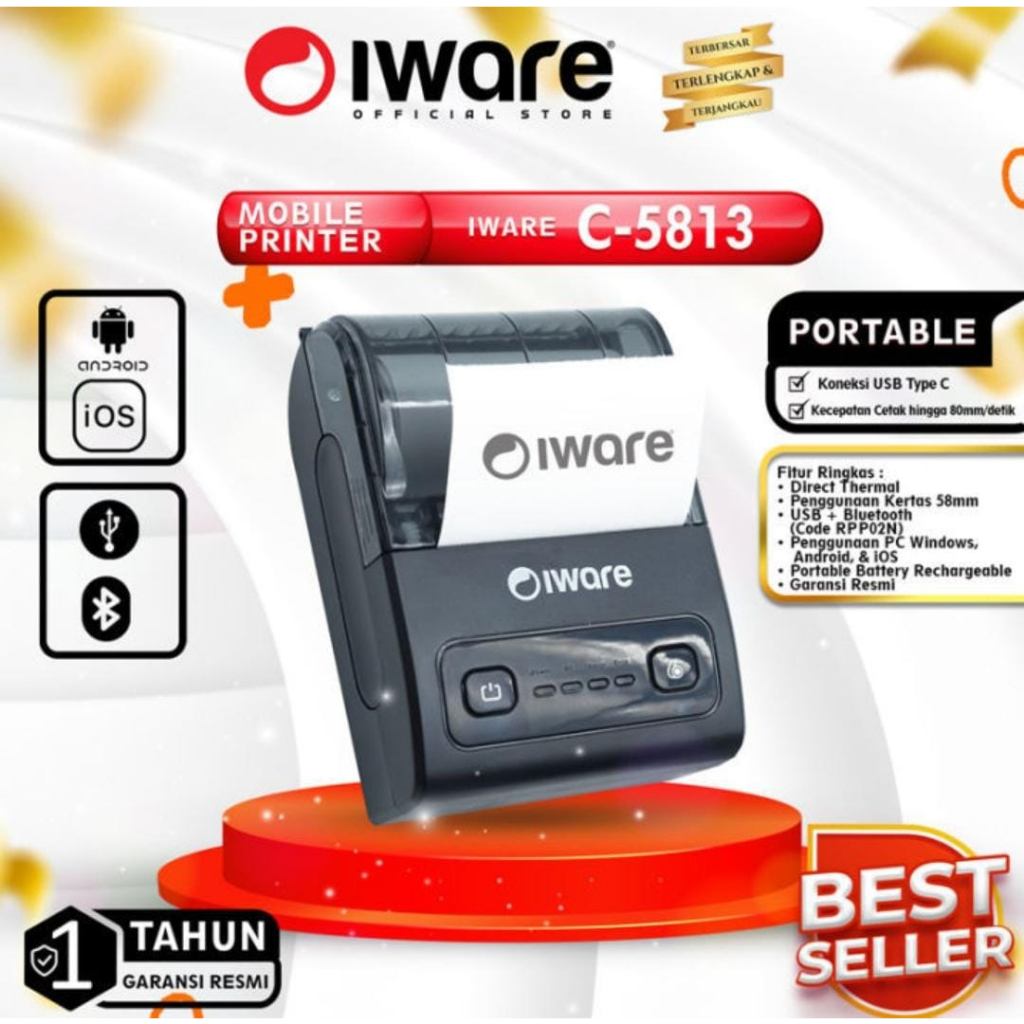 Jual Printer Thermal Mobile Iware C-5813 58mm RPP02N Bluetooth Android Ios | Shopee Indonesia