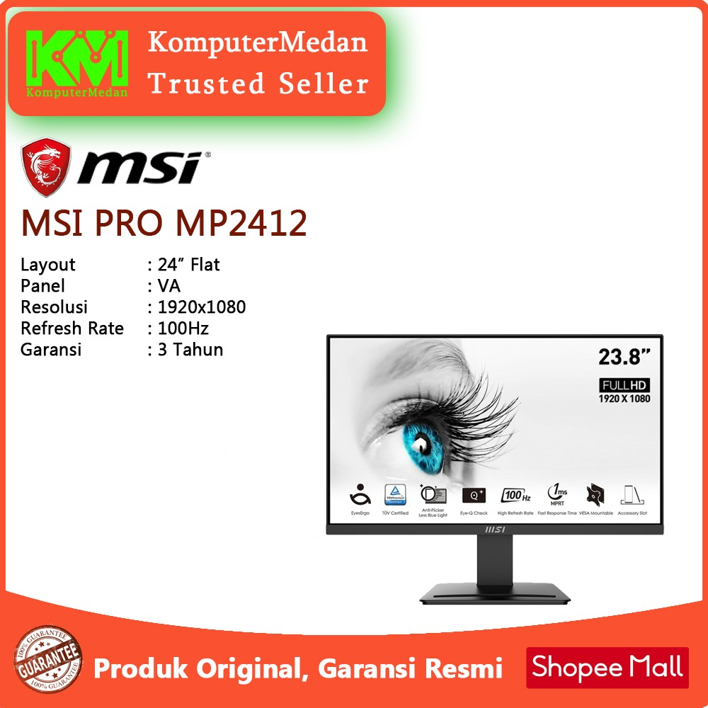 Jual Monitor LED MSI PRO MP2412 (24"/FHD/VA/100Hz/1ms/HDMI/DP/VESA ...
