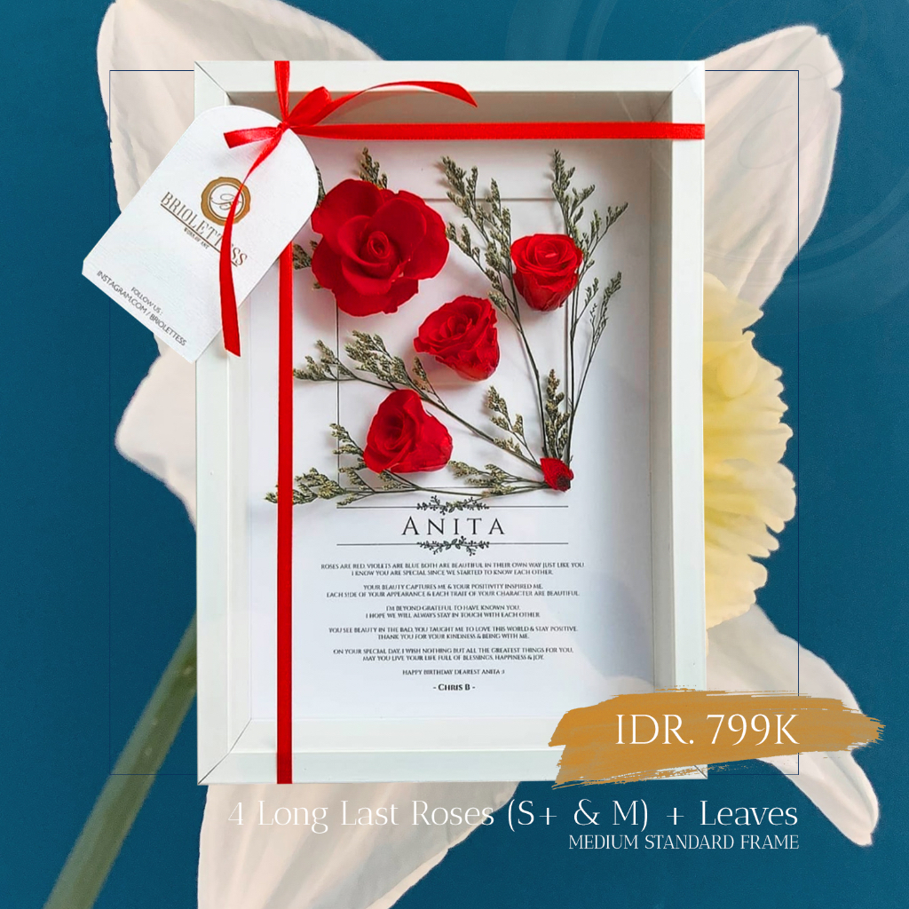 Jual MEDIUM STANDARD FRAME 4 Preserved Roses (L) + Leaves | Bunga Mawar ...