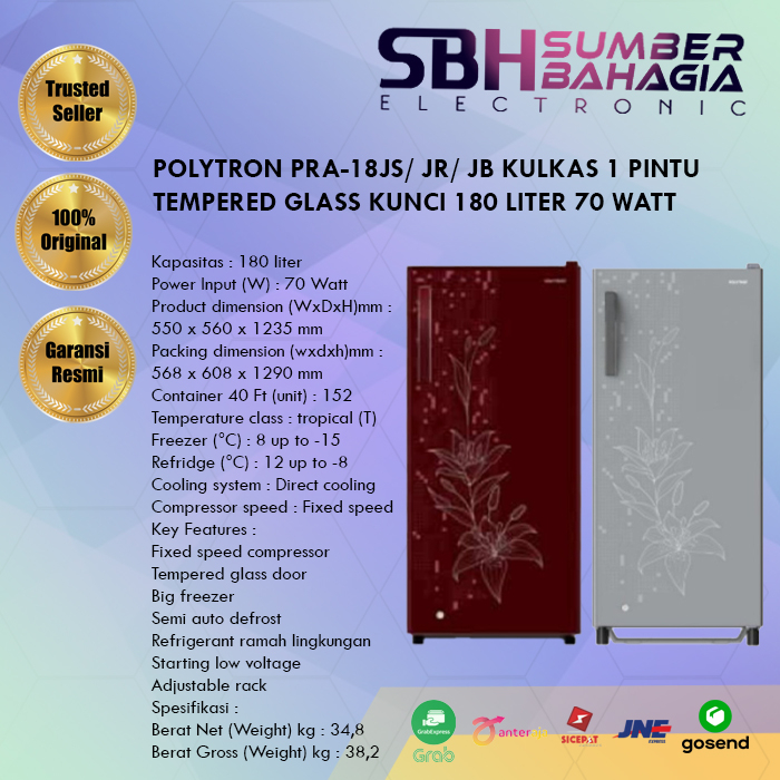 Jual POLYTRON PRA-18JS/ JR/ JB KULKAS 1 PINTU TEMPERED GLASS 180 LITER 70 WATT (NEW) (KHUSUS ...