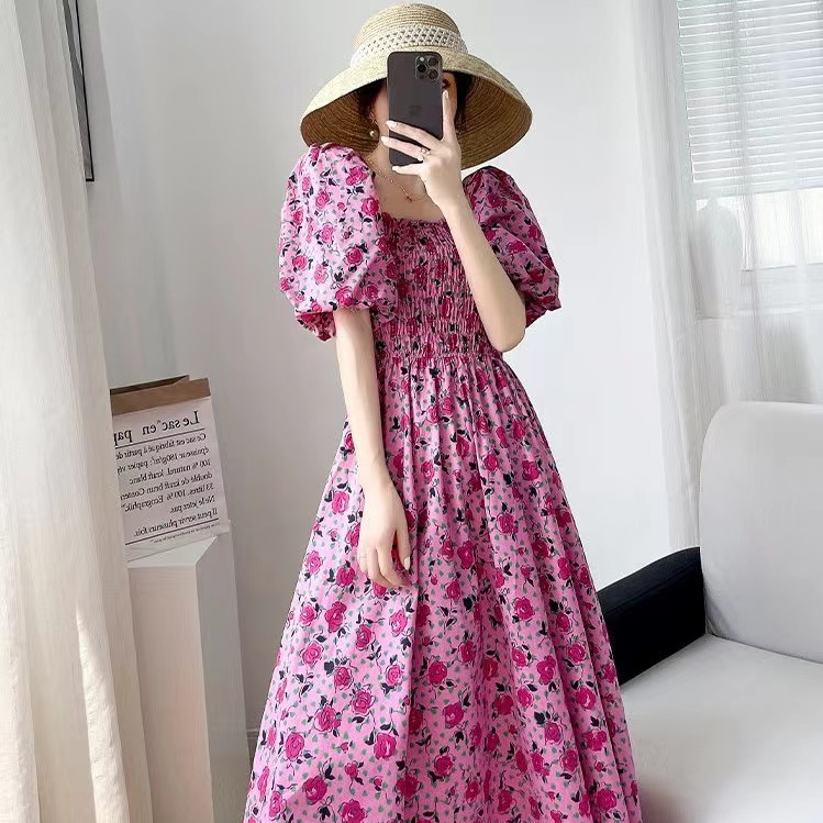 Jual Gaun bunga-bunga bergaya Prancis dengan lengan gelembung midi ...