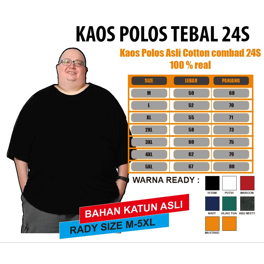 Jual KAOS POLOS SIZE M - 5XL COMBAD 24S TEBAL ASLI CATTON ( BUKAN BAHAN PE ATAU SEMI KATUN ...
