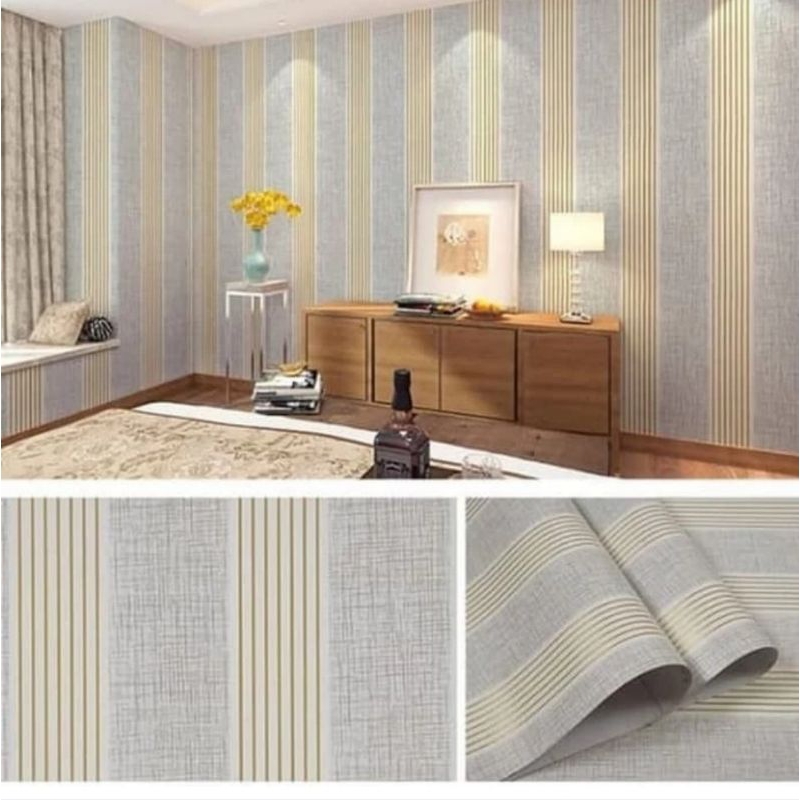 Jual Wallpaper Dinding Ukuran 45cm X 10m Motif Garis Emas Abu Abu